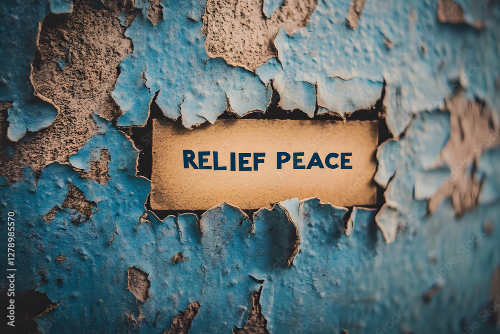 Peeling blue paint revealing words relief peace, symbolizing hope ...