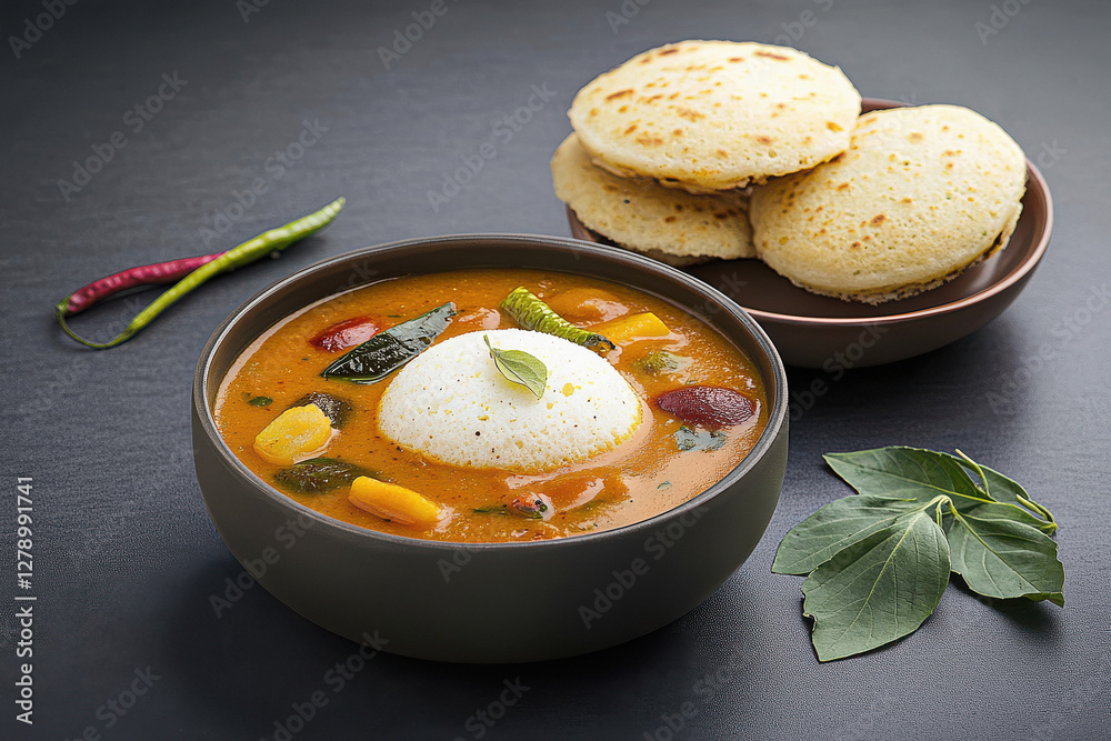 food photography of South Indian sambar with idli and vada on the side ...