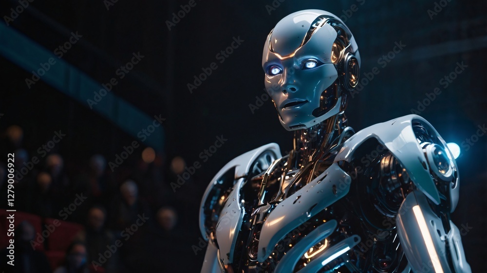 Foto de Stock A humanoid robot actor performing in a futuristic theater ...