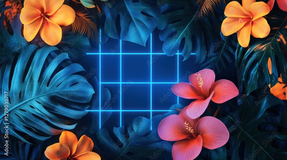 Blank invitation with tropical leaves and flowers with neon blue tech ...