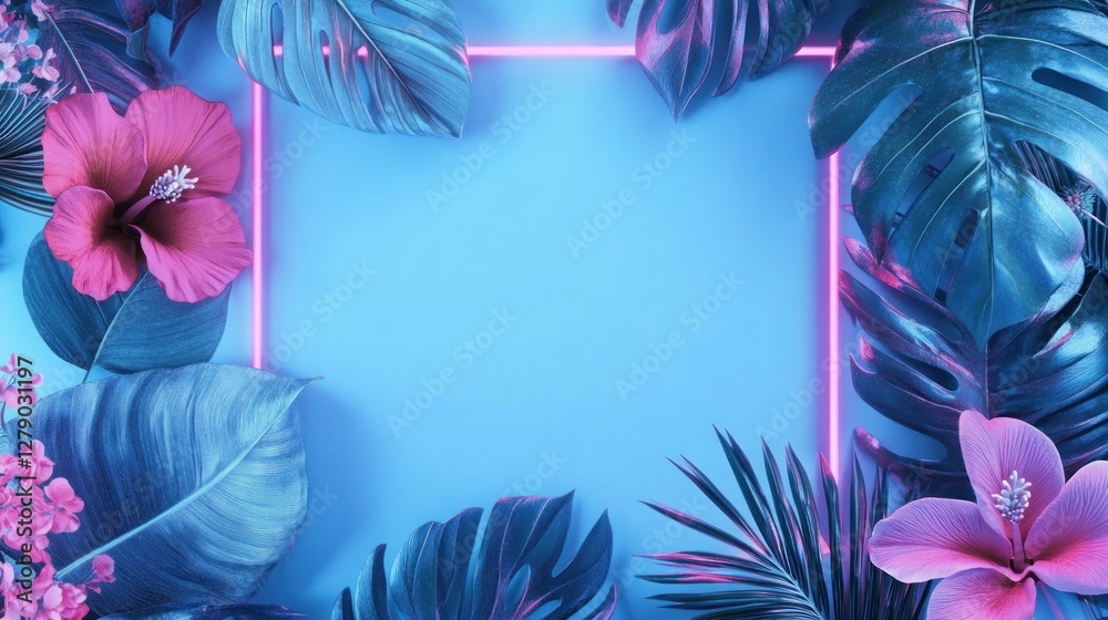 Blank invitation with tropical leaves and flowers with neon blue tech ...