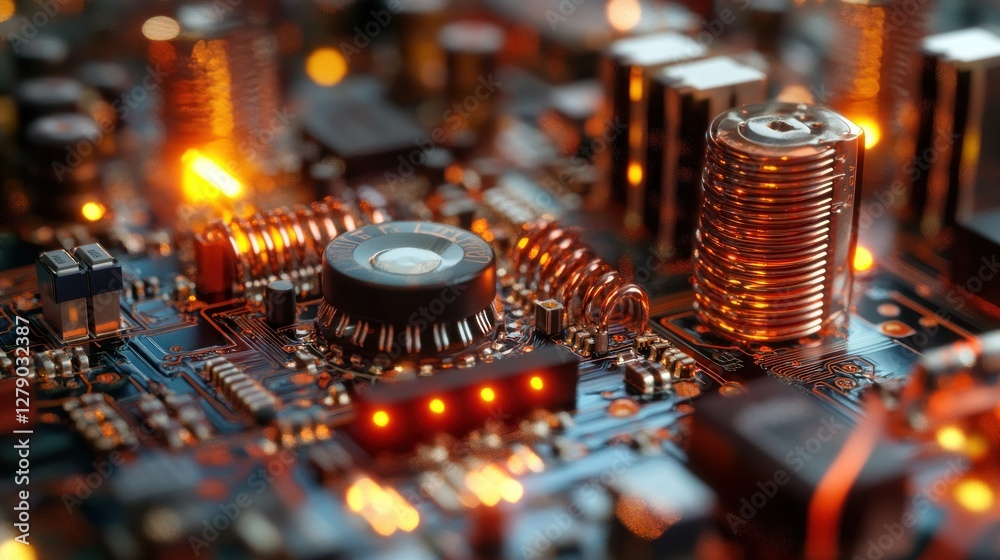 Complex electronic board of toroidal inductors, copper wire windings ...