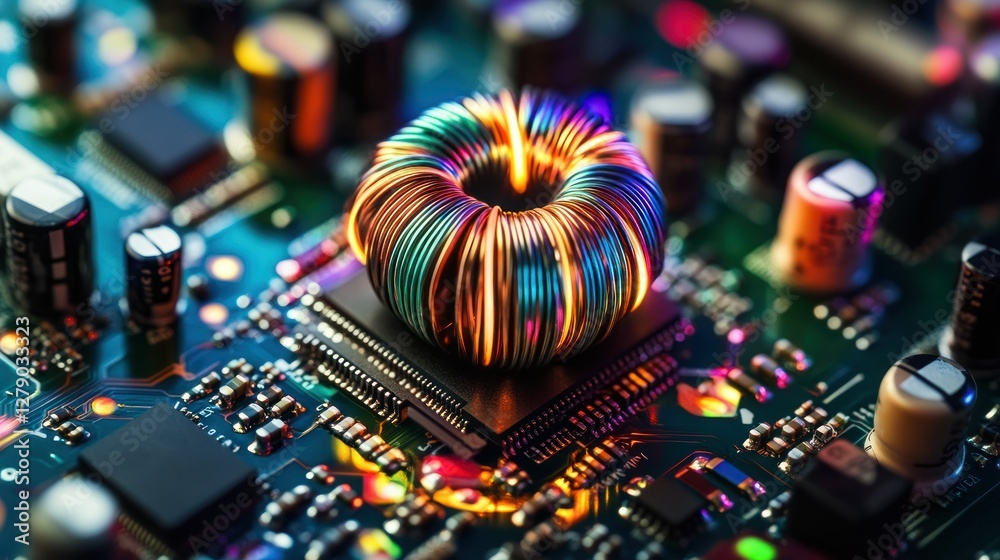 Complex electronic board of toroidal inductors, copper wire windings ...