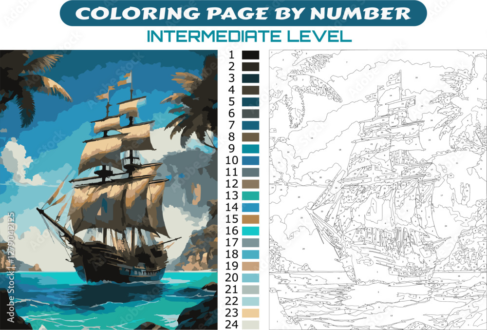 Adult Coloring Page - Pirate Ship with Ocean Landscape Stock Vector ...