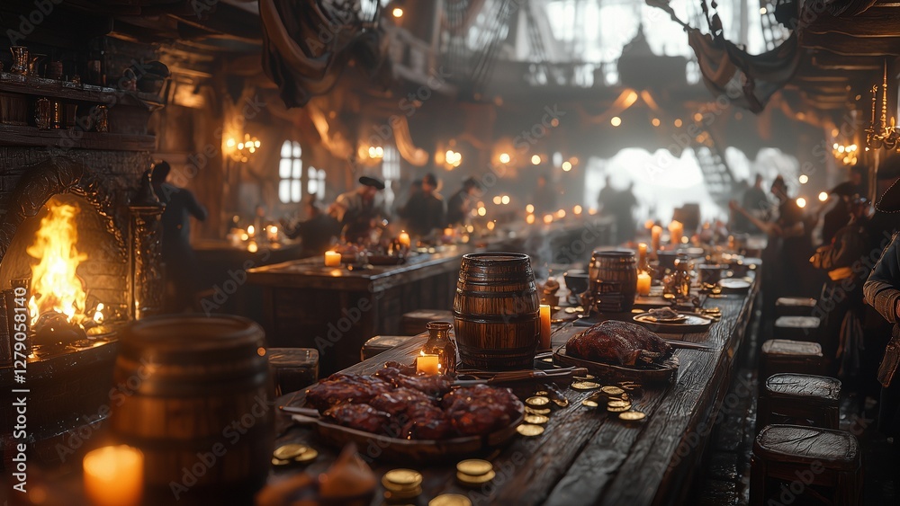 ultra-realistic cinematic depiction of a bustling pirate tavern filled ...