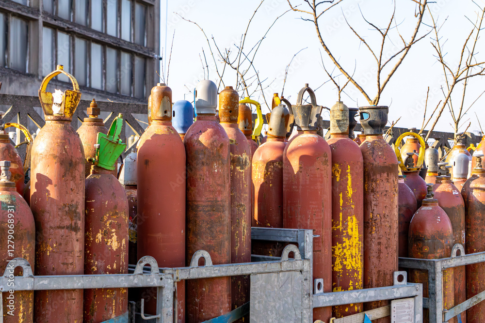old rusty ethyl cylinders, acetylene, C2H2 - an organic chemical ...