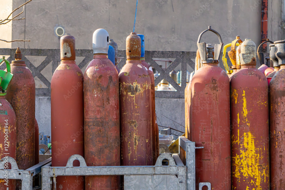 old rusty ethyl cylinders, acetylene, C2H2 - an organic chemical ...