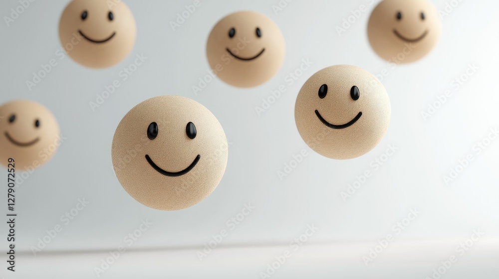 Smiling faces floating in a light and cheerful environment create a ...