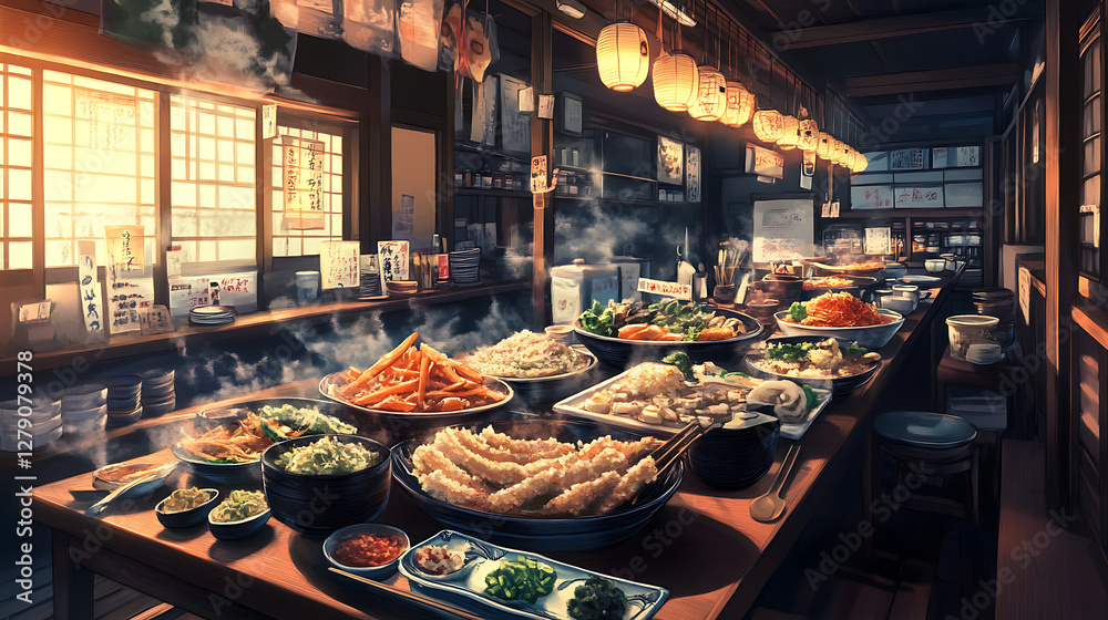 display of typical Japanese food dishes, with anime style Stock ...