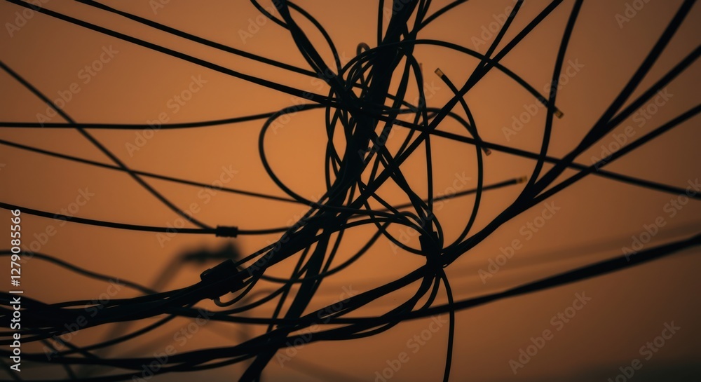 Tangled Mess Of Overhead Cables Against A Dusky Warm Toned Sky Creating A Complex Silhouette