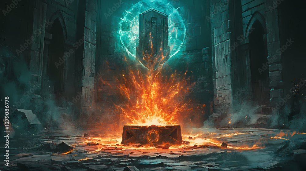 Bewitched artifact surrounded by spectral flames in a ruined tower ...