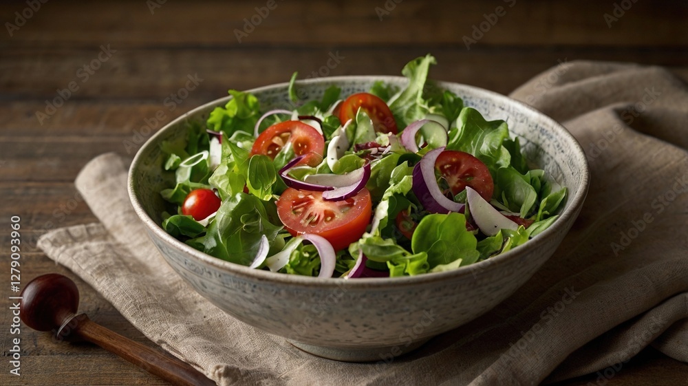 Ensalada mixta con lechuga, tomates cherry, cebolla morada y pepino en ...