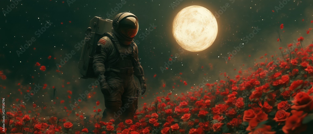 Fatigued Astronaut Among Red Roses Under an Alien Moon – Sci-Fi ...
