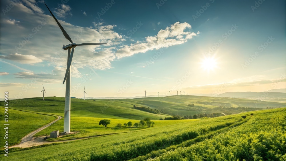 Wind Turbine Energy Landscape Sunset Composition, Green Hills ...