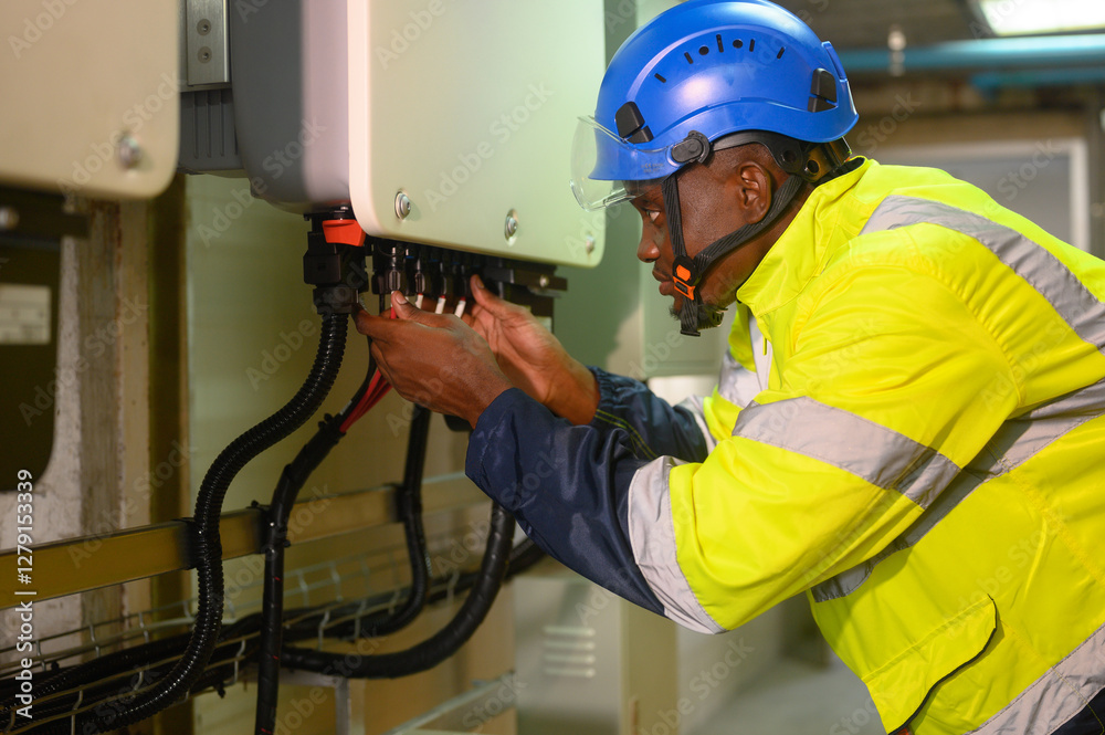 engineering technician Setting up the solar panel inverter in the ...