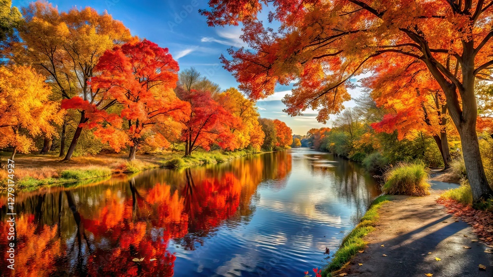 Fall Foliage Fox River Trail De Pere Wisconsin - AI Photo Stock ...