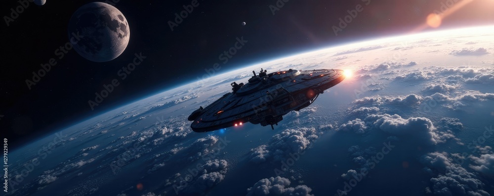 Spacecraft spinning in orbit around the Earth, planet, spinning, space ...