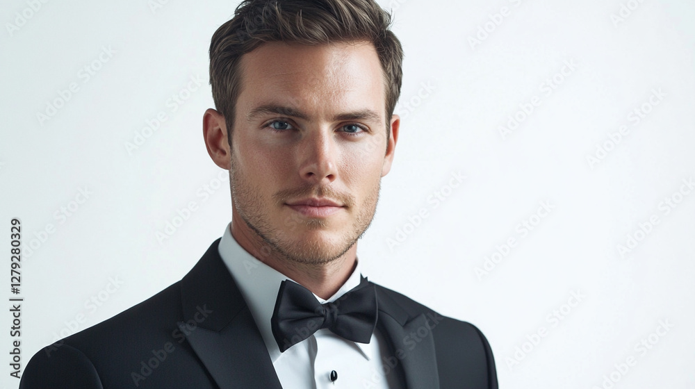Elegant man in a classic tuxedo with a bow tie, posing against a bright ...