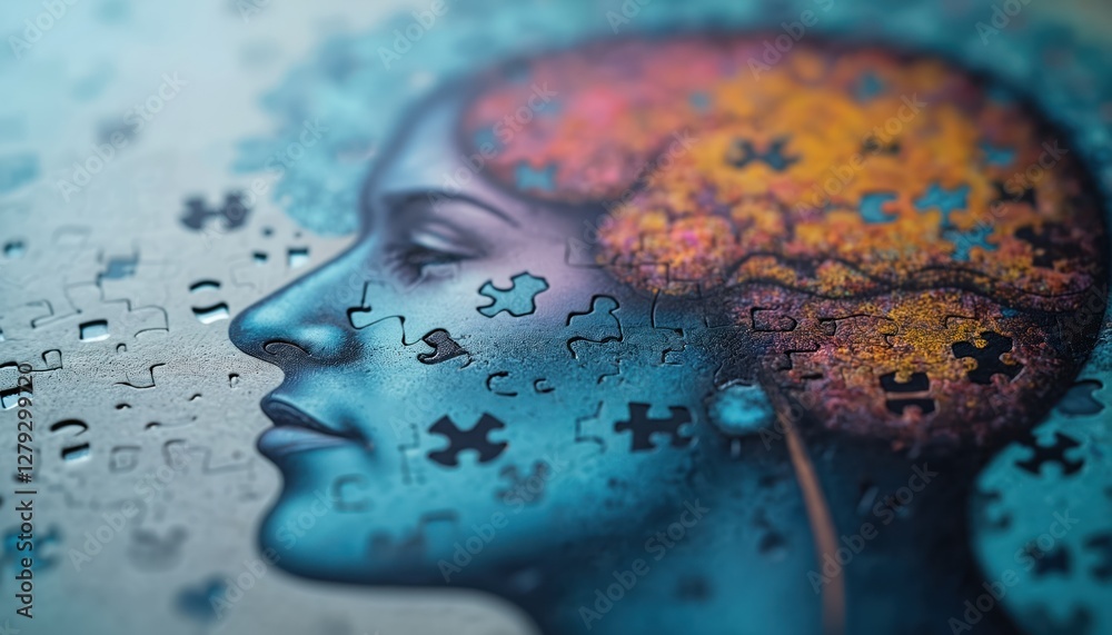 Illustration puzzle pieces forming woman face profile, brain. Concept ...