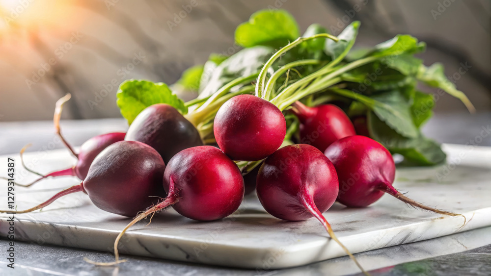 Jet-black radishes contrast a white marble slab. Sunlight highlights ...