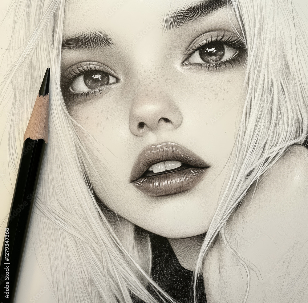 Hyper—realistic portrait of a girl is art in detail.Black and white ...