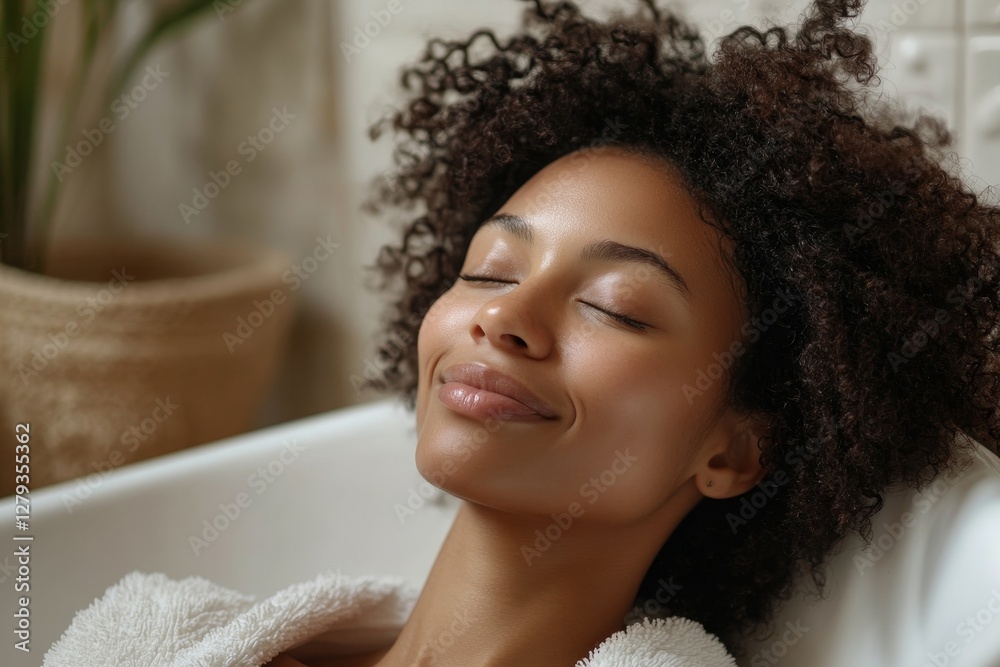 Relaxed black woman relaxing lying with eyes closed in bathtub, happy female bathing at home in ...