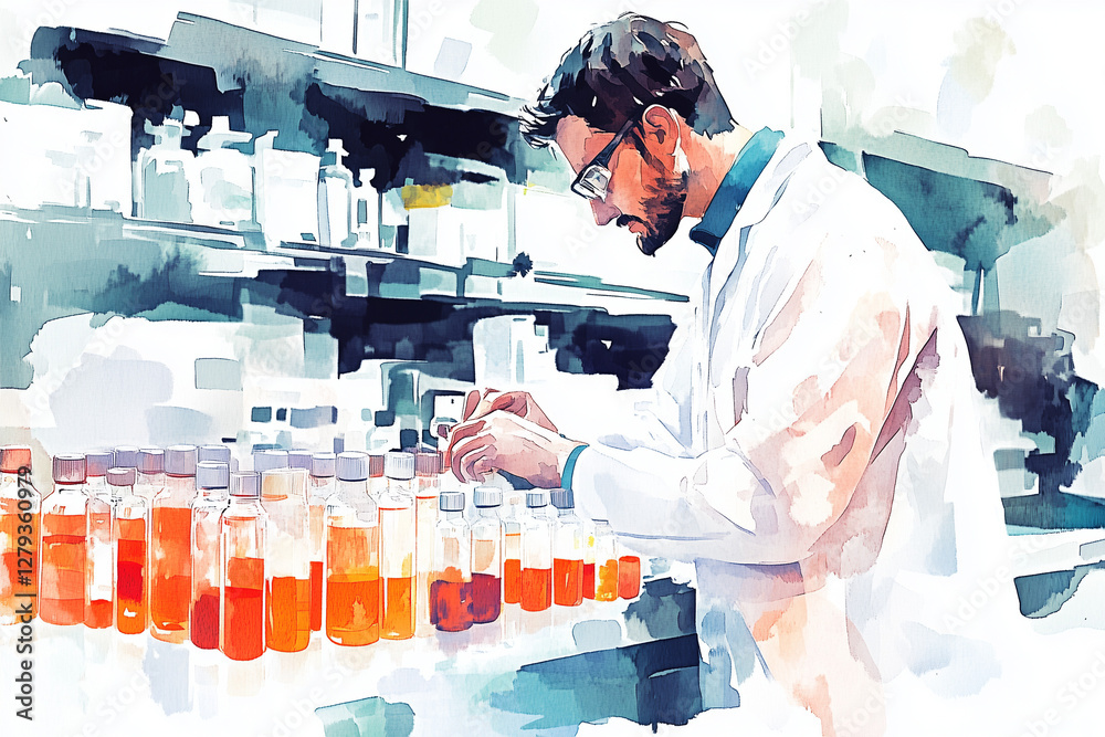 Watercolour style illustration of a male pharmaceutical lab scientist ...
