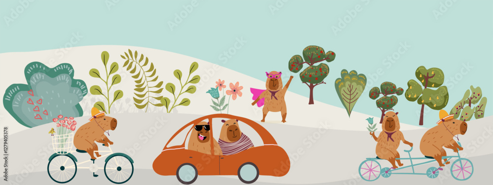 Capybara, capibara, capy border, cute funny adorable pet, animal. Flyer ...