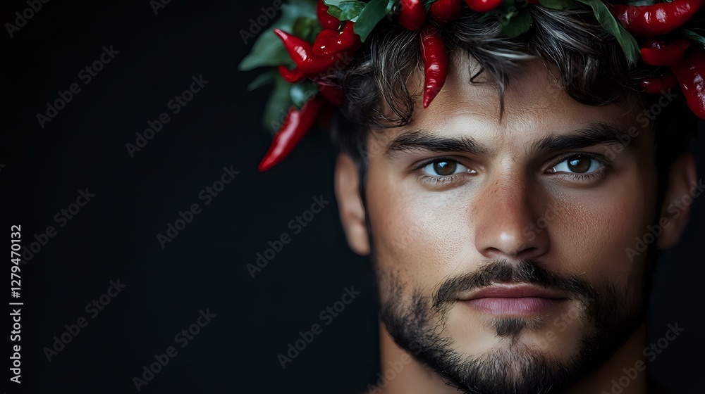 Mediterranean male model wearing red berry crown against dark ...