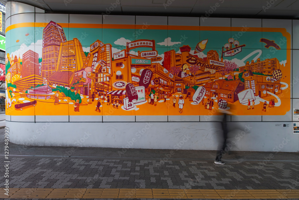 tokyo, nakano - jan 08 2025: A vibrant Japanese mural painting ...