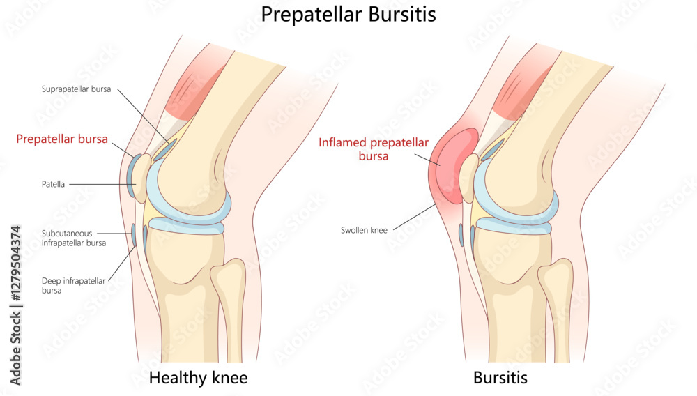 healthy knee with a knee affected by prepatellar bursitis, showing inflammation, swelling, and ...