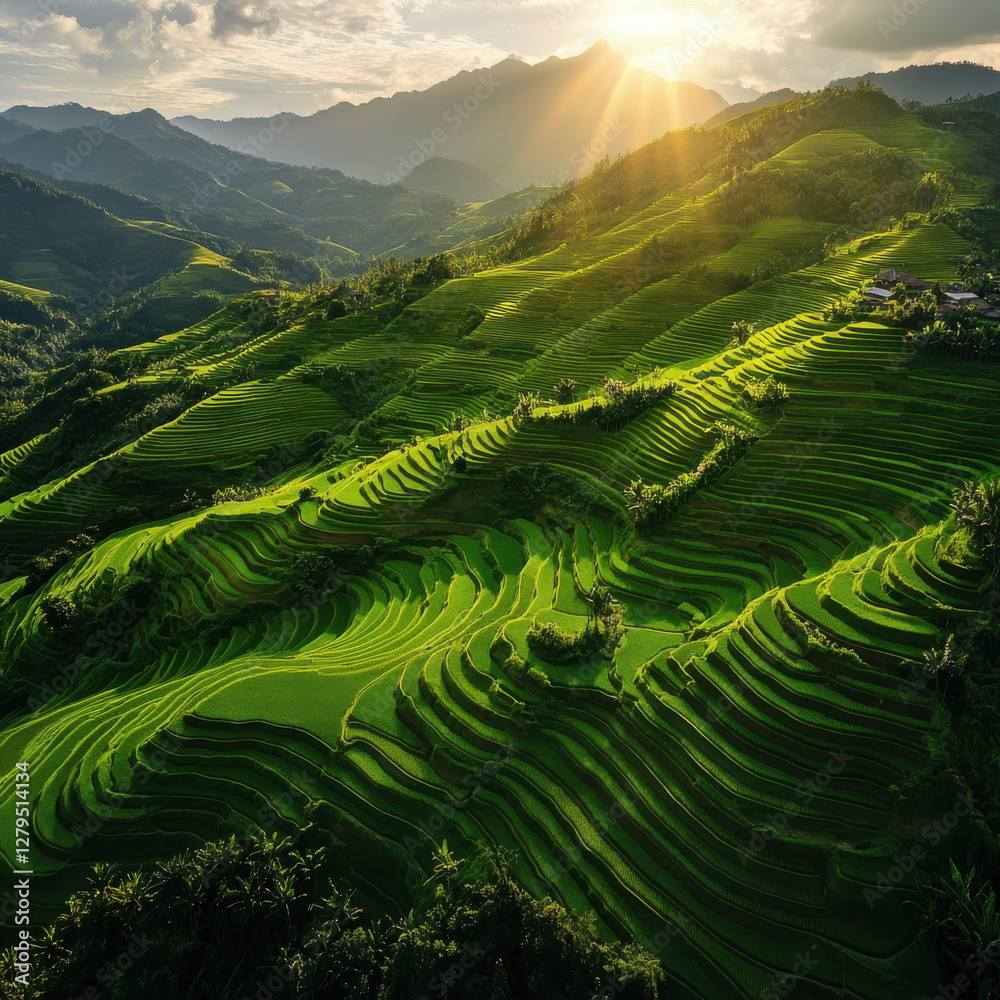Lush green rice terraces carved into rolling hills, breathtaking ...