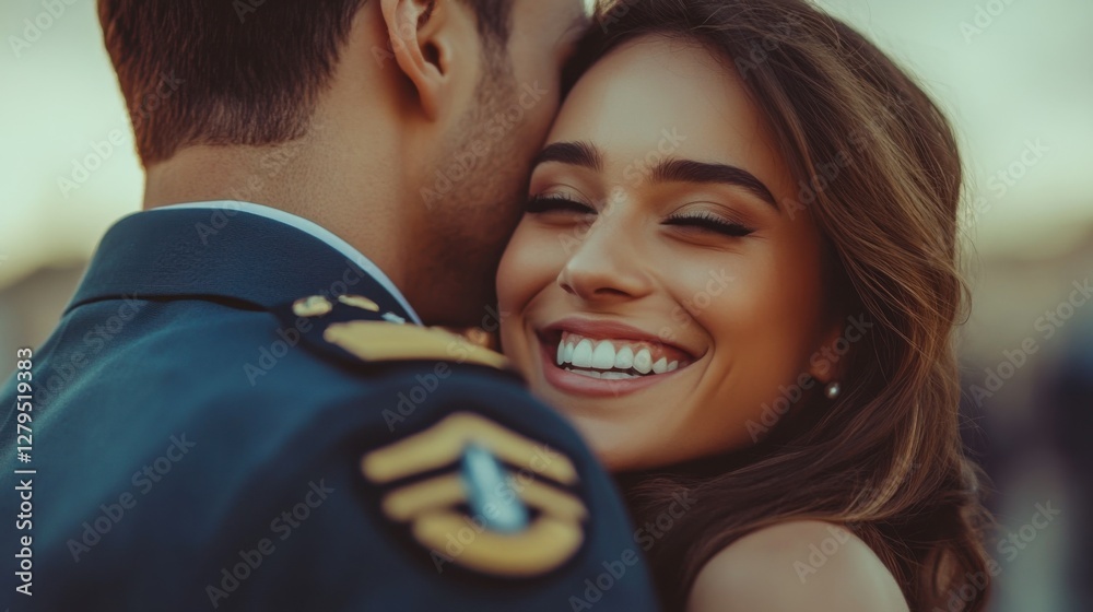 Beautiful wife with a big smile hugging her husband wearing military ...