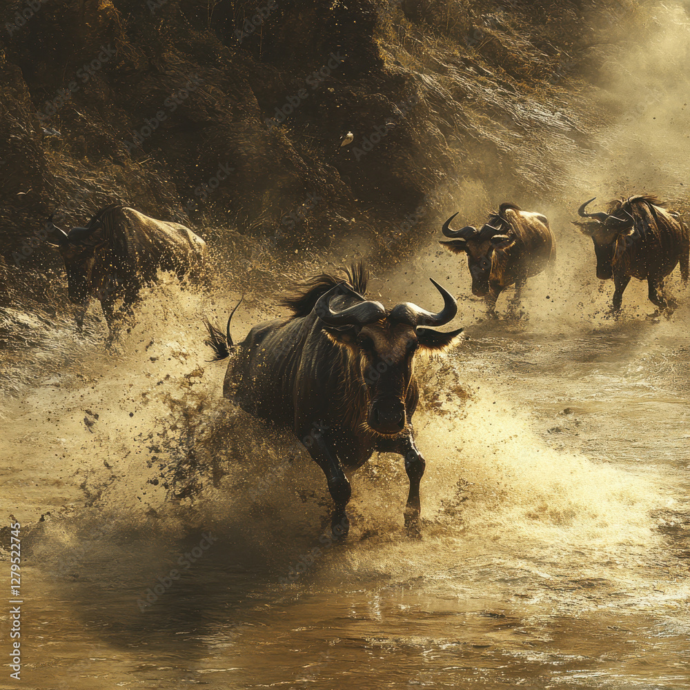 Thundering herd of wildebeest crossing a muddy river, splashing water ...