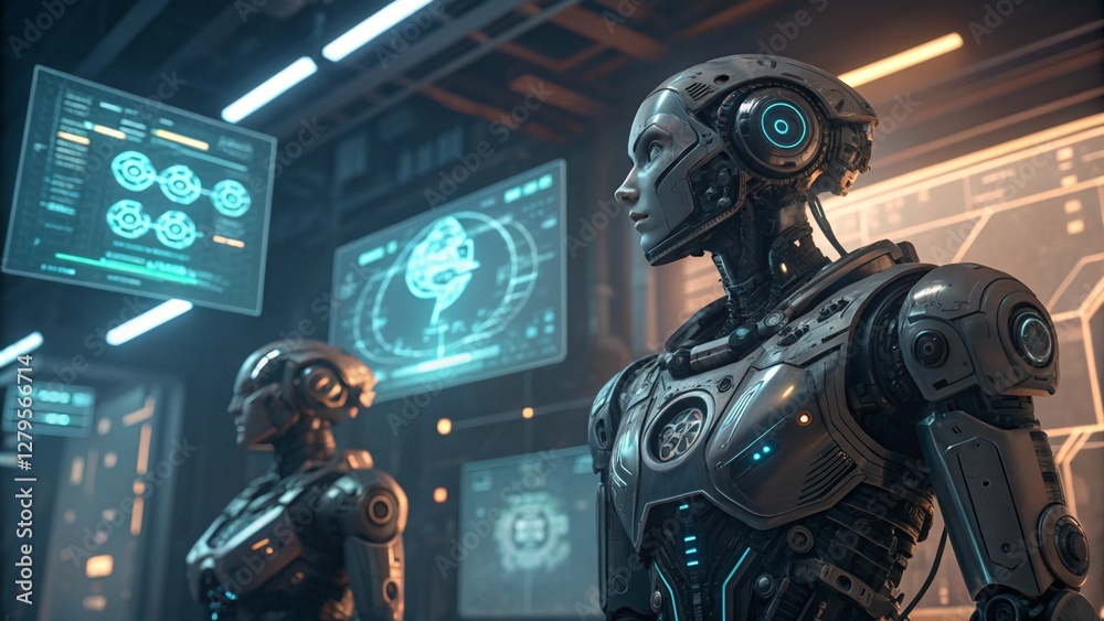 Futuristic humanoid robots in a high-tech control room, surrounded by digital displays ...