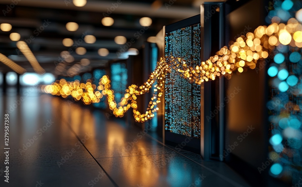 Server racks are lined up in a data center server room focused on ...