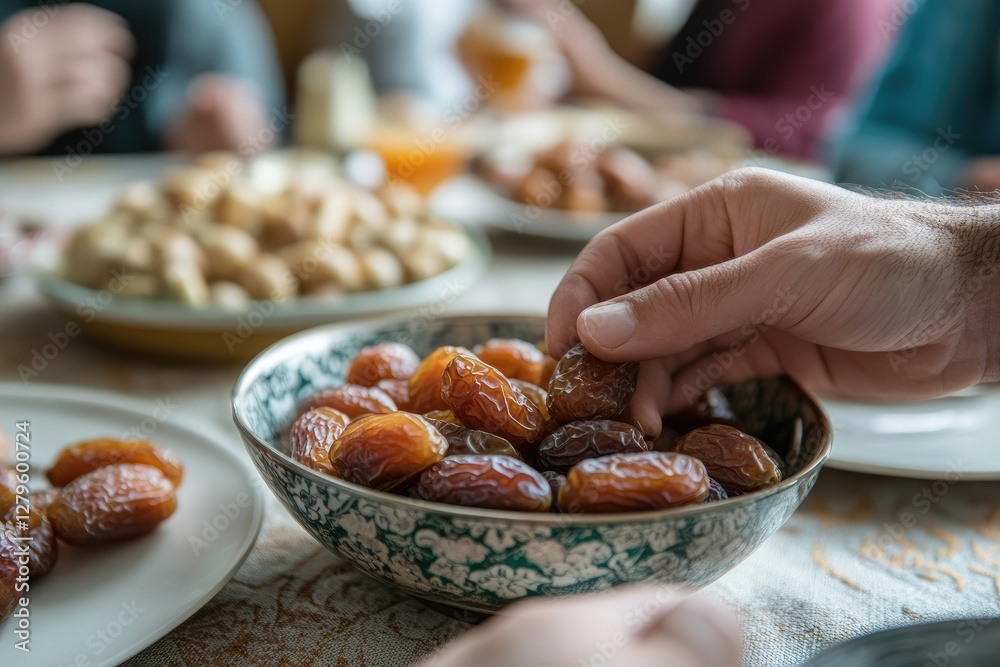 Muslim man picking dates from bowl during Ramadan iftar meal at home ...