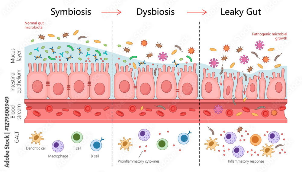 gut health progression from symbiosis to dysbiosis and leaky gut, showing microbiota changes ...