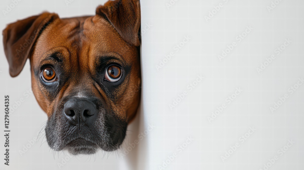 Boxer Dog's Peek: A close-up captures a brown boxer dog peeking ...