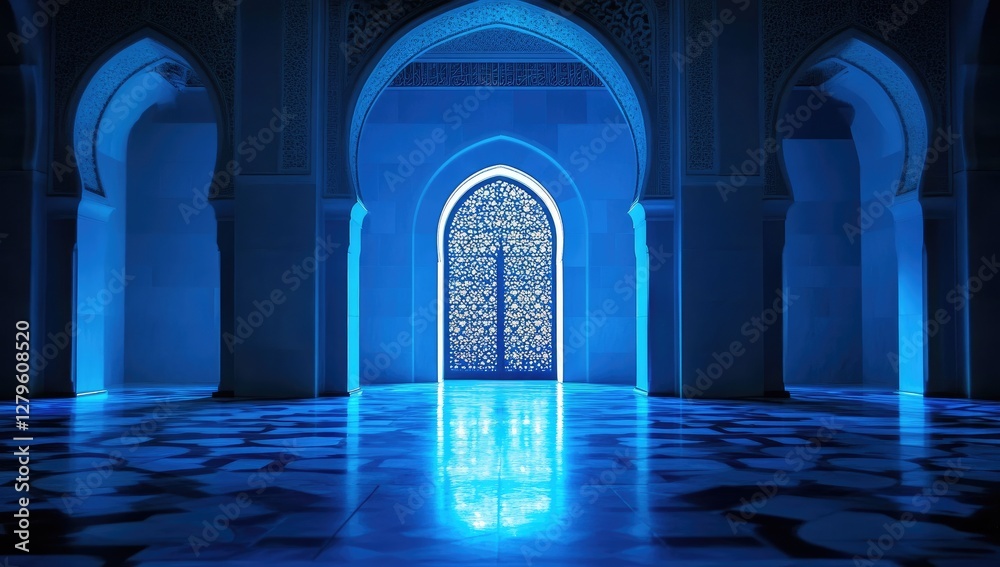Islamic single window architecture with blue lighting, traditional ...