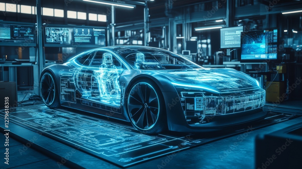 A technical blueprint shows the electric vehicle chassis, complete with ...