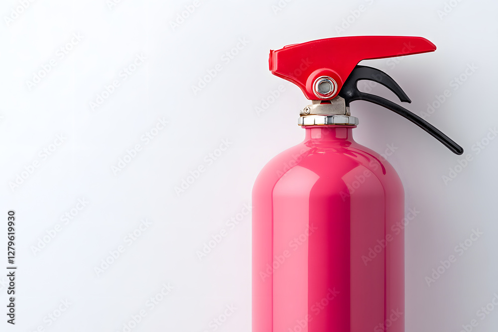 Striking pink fire extinguisher with red top on a white background ...