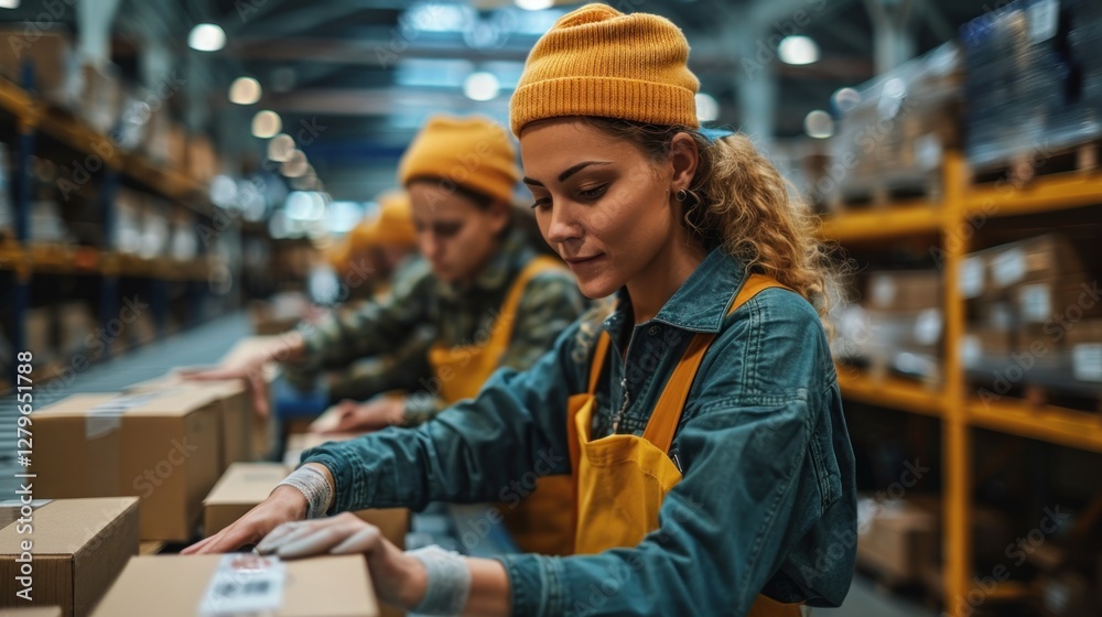 Two women in a warehouse, working on an assembly line, preparing ...