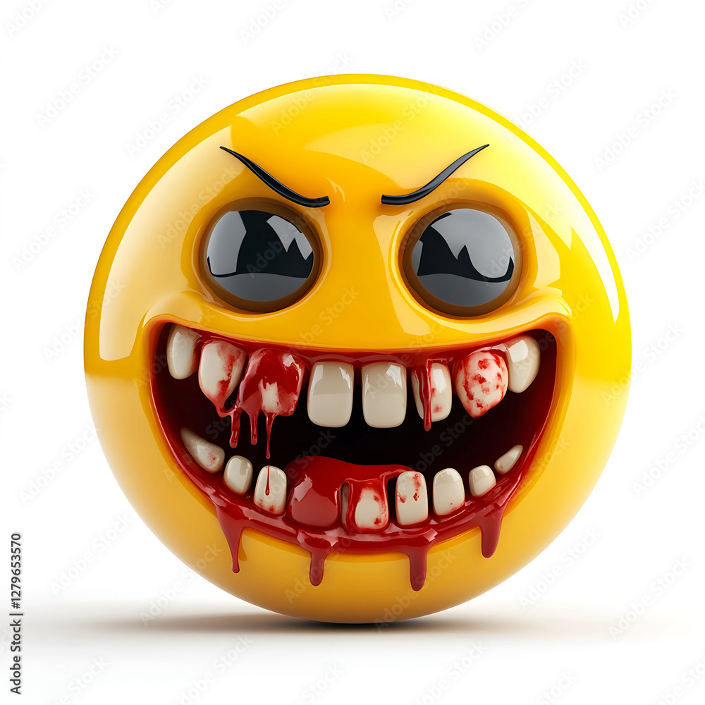 Angry 3d yellow smiley face emoji with blood dripping from its mouth ...