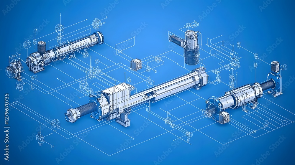 Detailed and blueprint style technical drawing of a pneumatic circuit ...