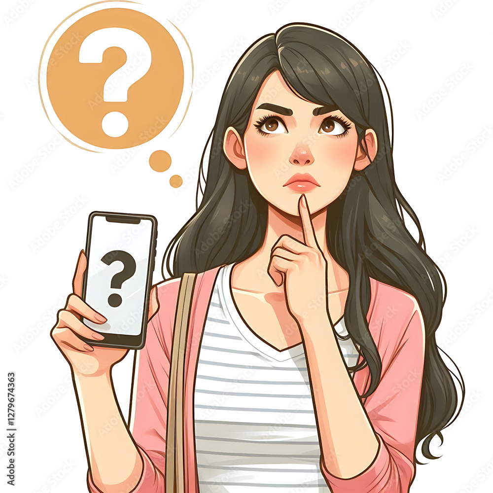 Thinking woman feeling confused holding mobile phone with question mark looking up with ...
