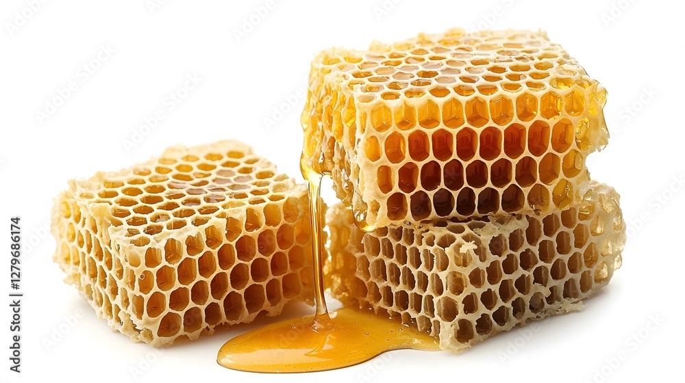 photograph showcasing a stack of golden honeycomb dripping with rich ...
