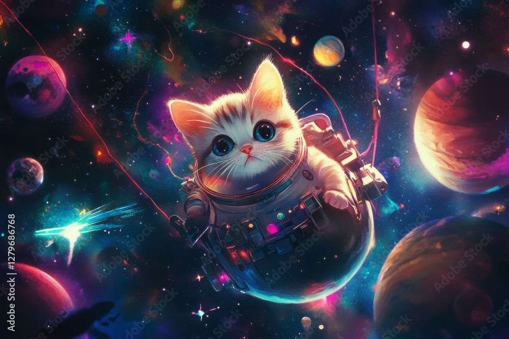 A tiny astronaut cat floating in outer space, tethered to a little ...