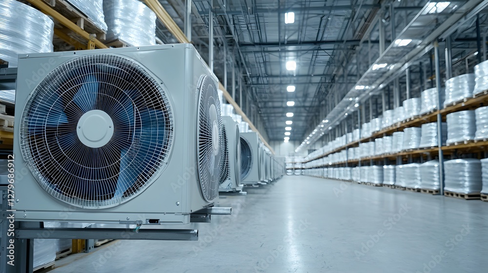 Rows of air conditioning units installed in a vast climate controlled ...