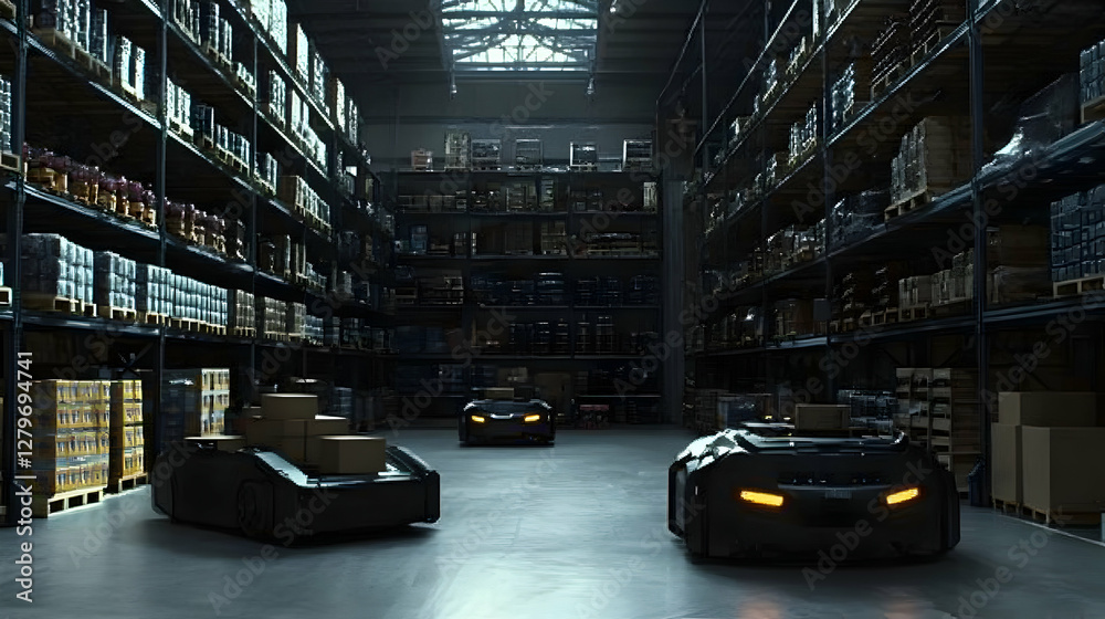 Automated warehouse featuring autonomous robots moving goods on shelves ...
